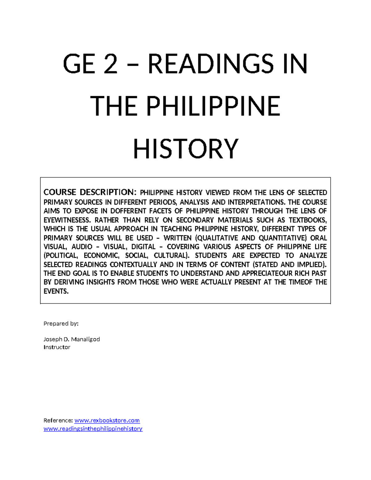 GE 2 Readings Finals week 17 - GE 2 – READINGS IN THE PHILIPPINE ...