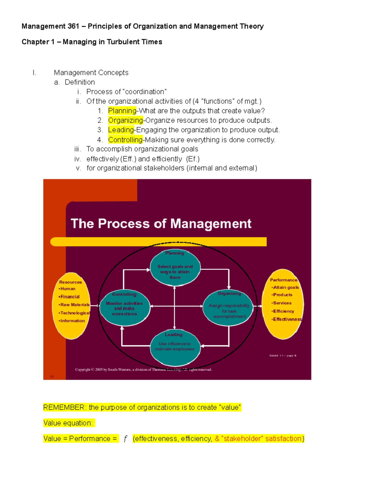 Chapter 1 Outline - Management 361 – Principles of Organization and ...