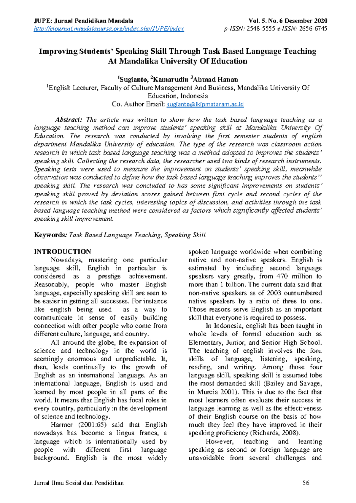 Improving Students Speaking Skill Through Task Ba - ejournal.mandalanursa/index.php/JUPE/index ...