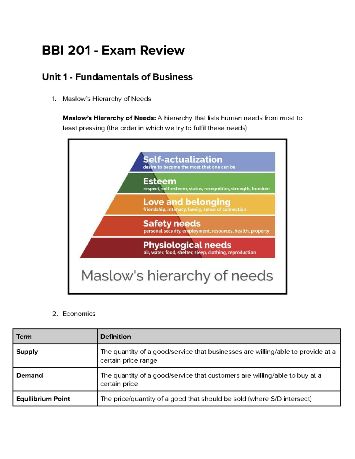 Business Exam Review - BBI 201 - Exam Review Unit 1 - Fundamentals of ...