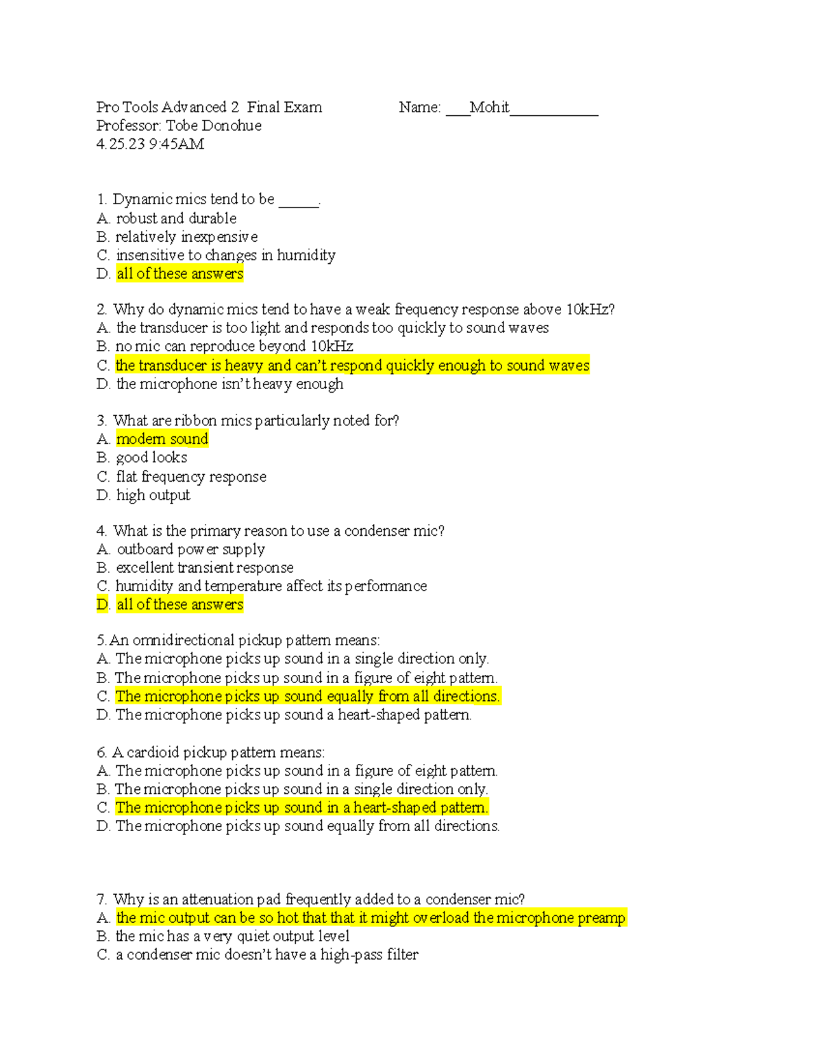 Pro Tools Advanced Final EXAM-4 - Pro Tools Advanced 2 Final Exam Name ...