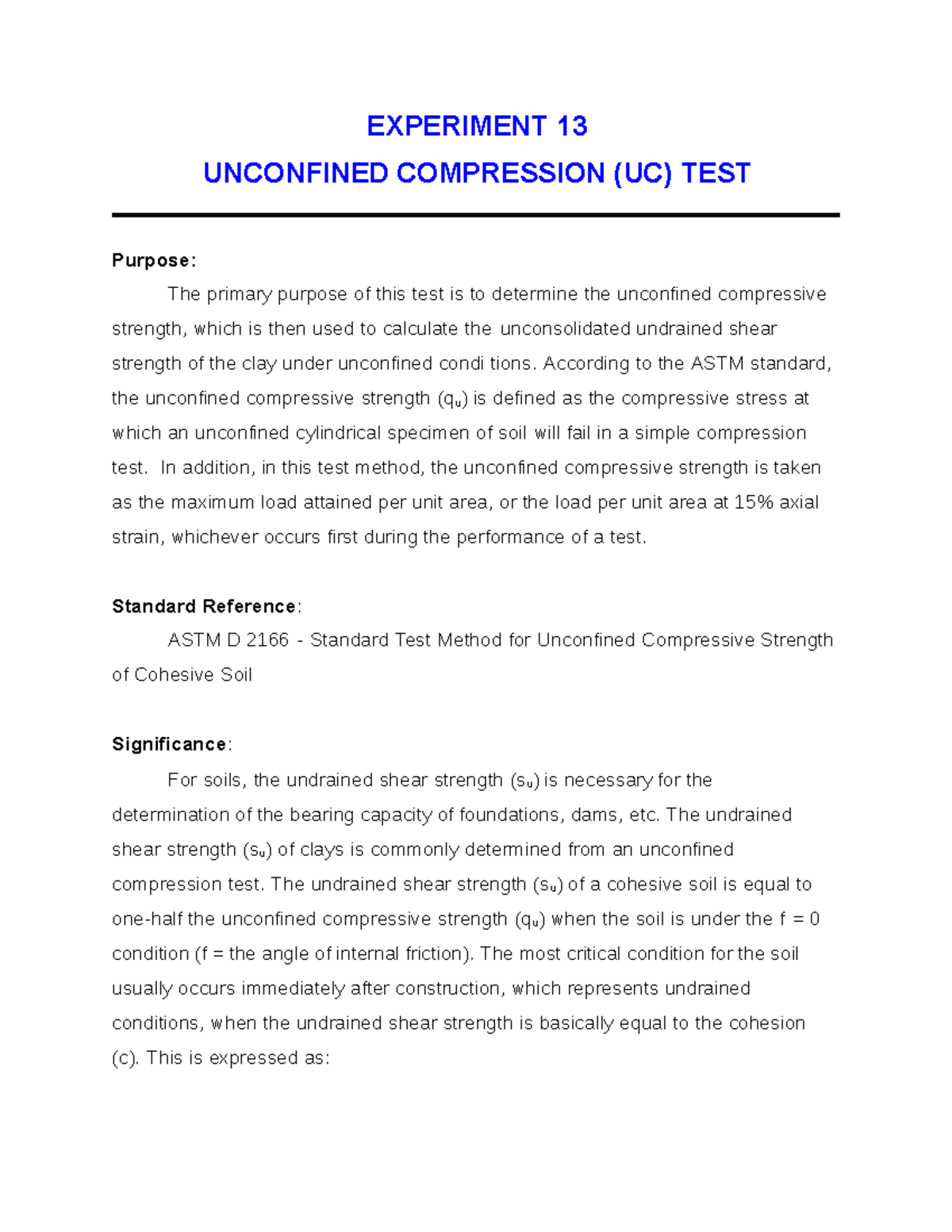 Experiment 13-Unconfined Compression - EXPERIMENT 13 UNCONFINED ...