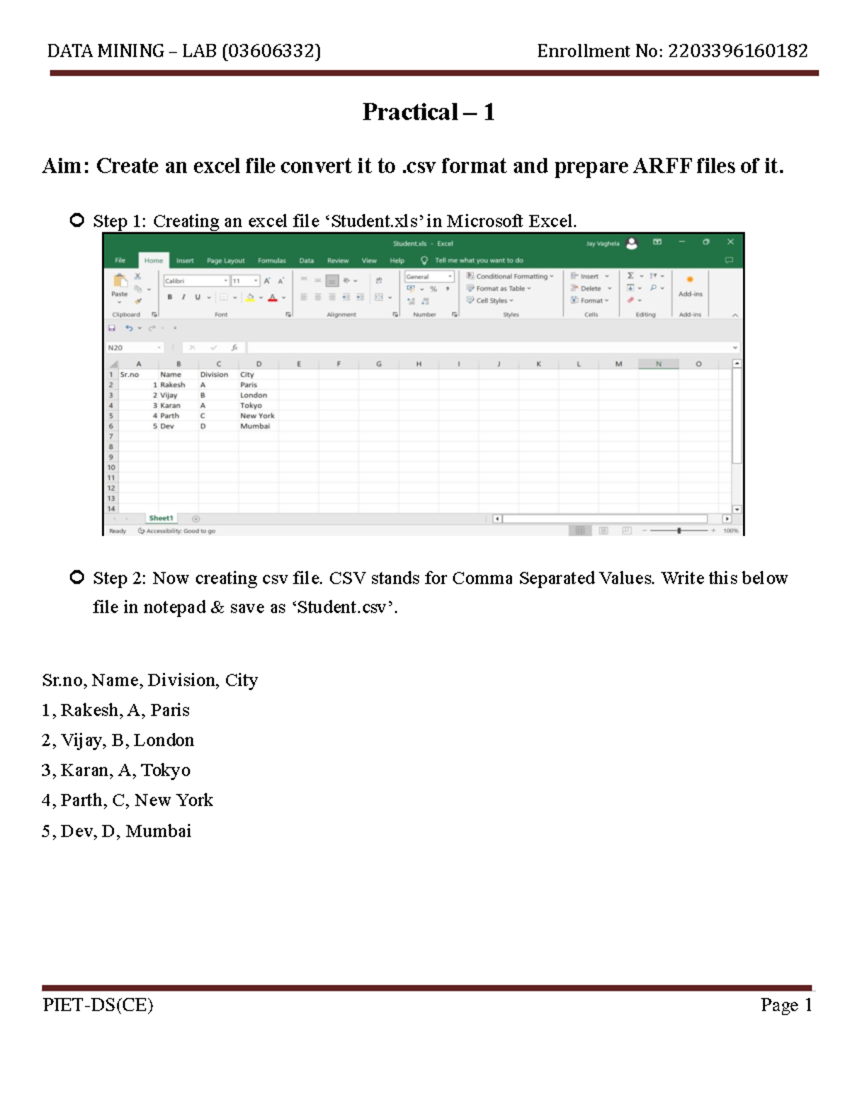 Dm 182 - Practical for data mining - Practical – 1 Aim: Create an excel ...