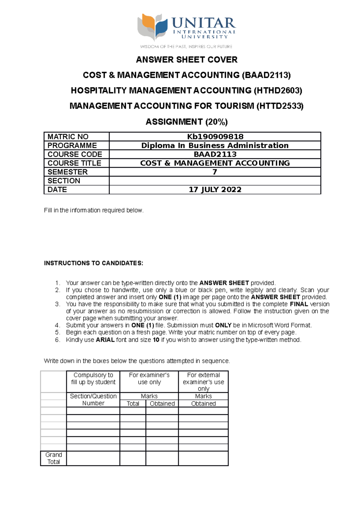 Answer Sheet Cover - CMA - HMA Assignment - ANSWER SHEET COVER COST ...