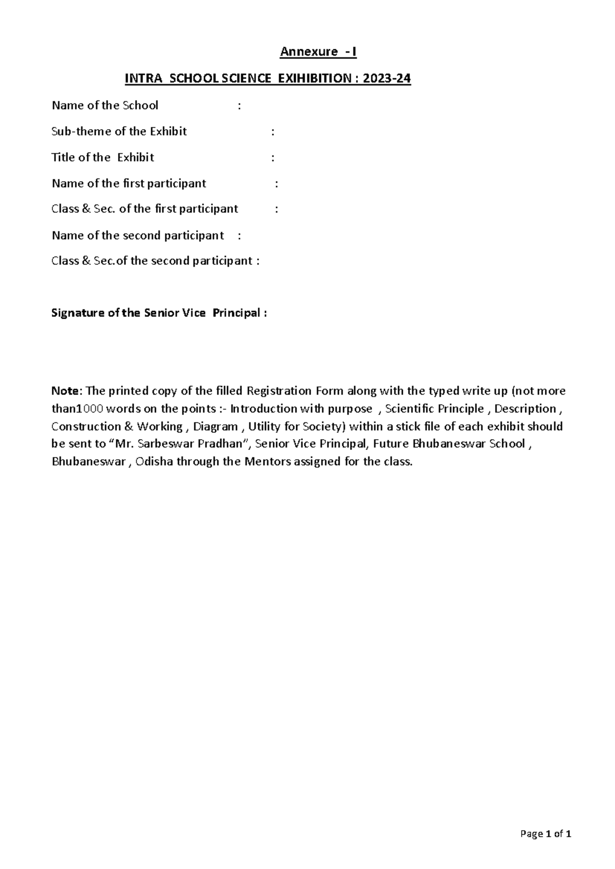 Registration for FBS Science Exhibition -2023-24 - Page 1 of 1 Annexure ...