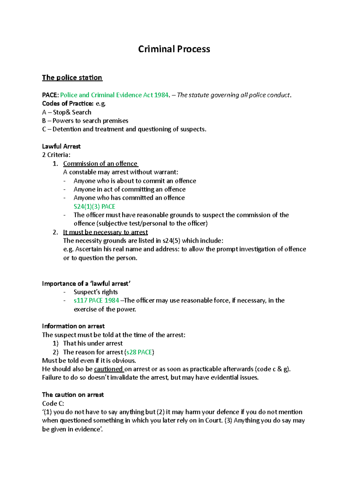 FULL Criminal Process notes - Criminal Process The police station PACE ...