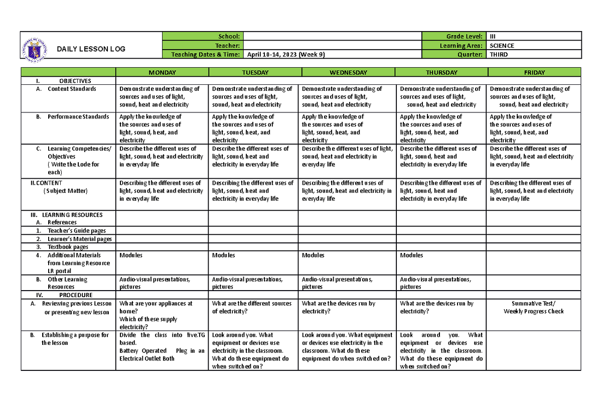 DLL Science-3 Q3 WEEK-9 - DAILY LESSON LOG School: Grade Level: III ...
