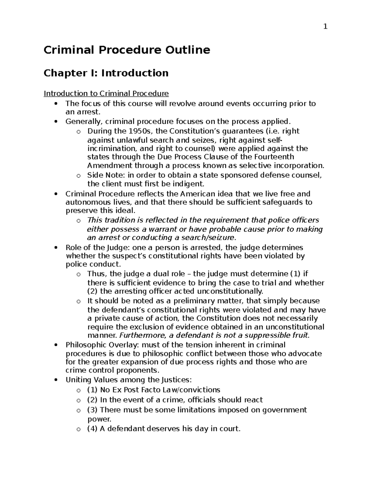 Crim pro outline - Criminal Procedure Outline Chapter I: Introduction ...