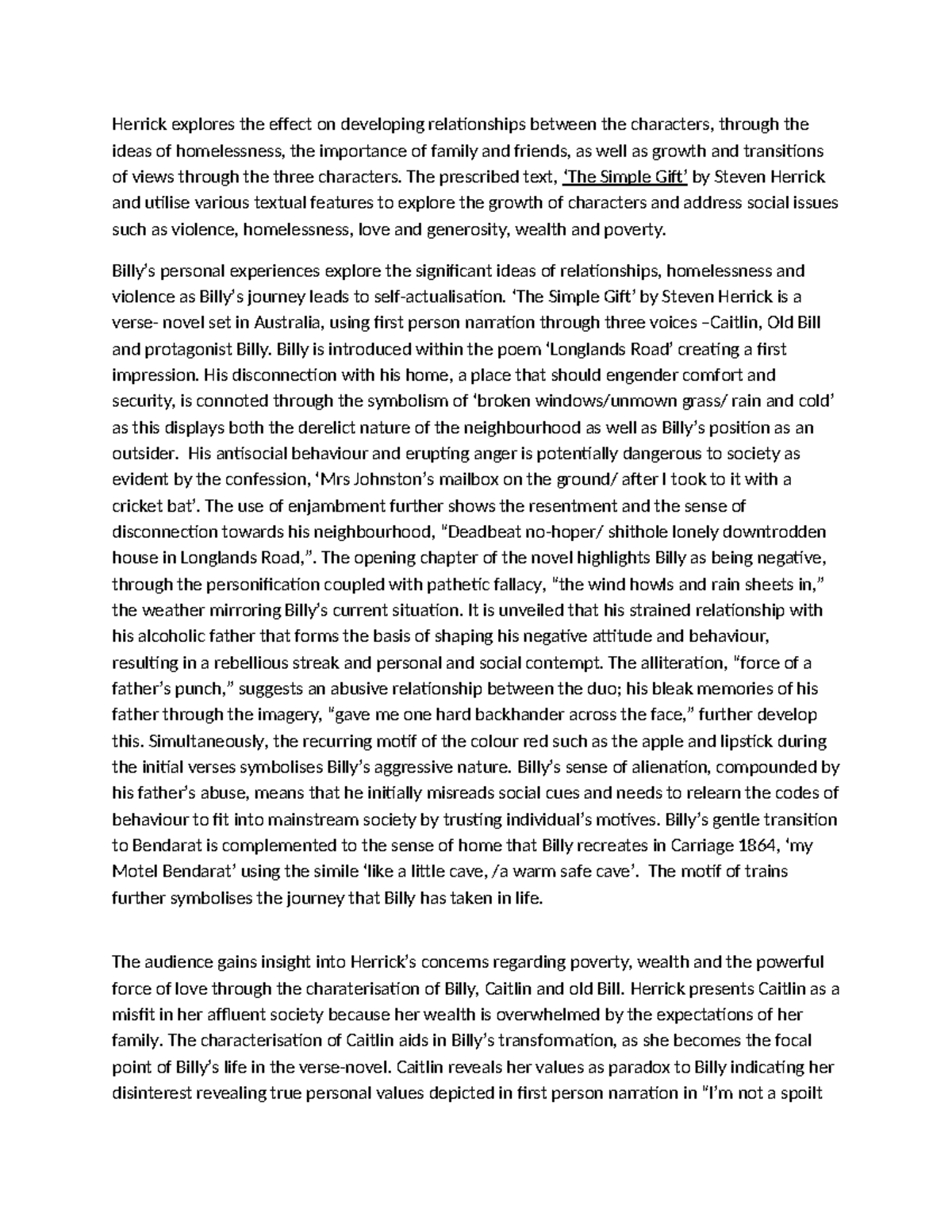 The Simple Gift sample - essay - Herrick explores the effect on ...