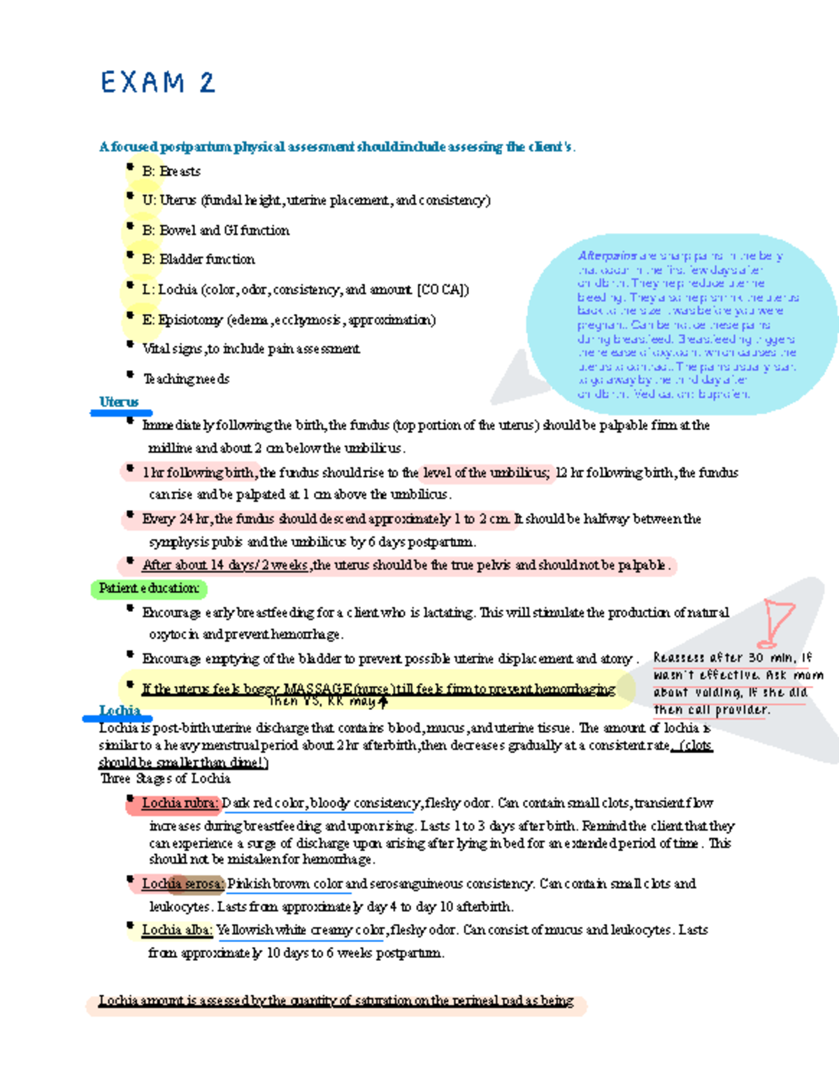 Mom baby EXAM 2 - Exam 2 review - A focused postpartum physical ...