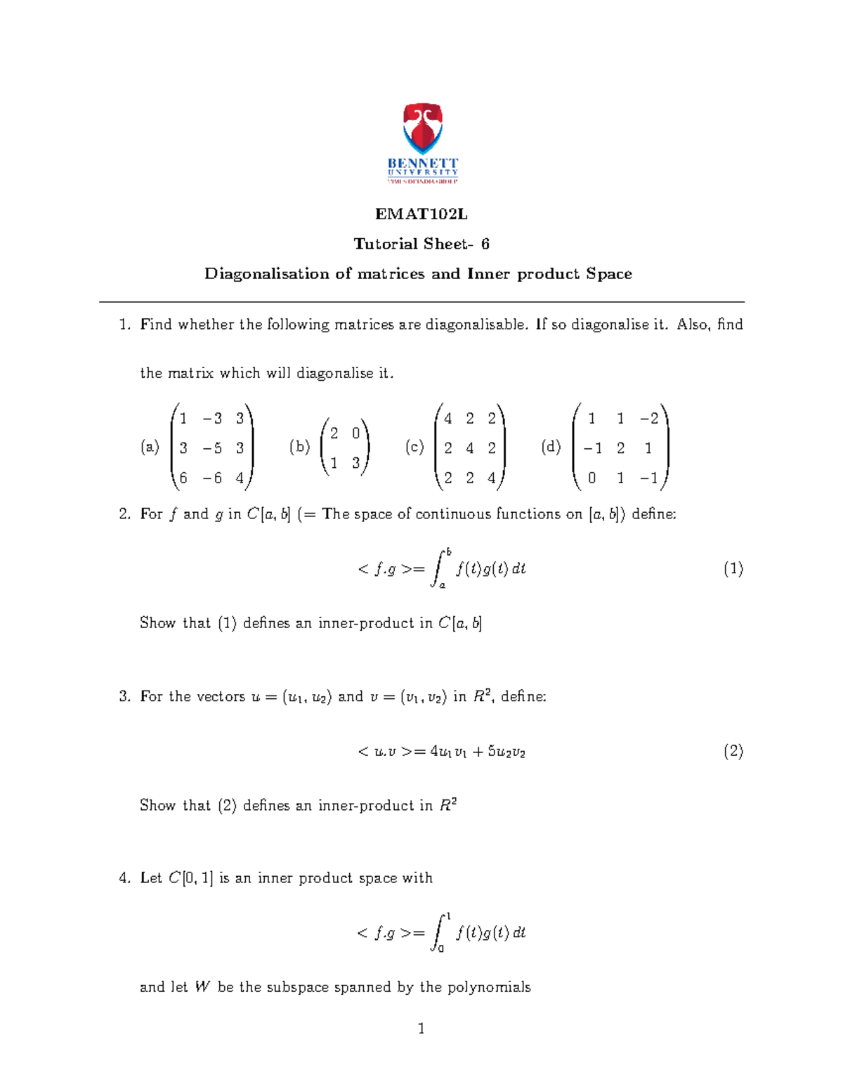Tutorial Sheet-6 - EMAT102L Tutorial Sheet- 6 Diagonalisation of ...