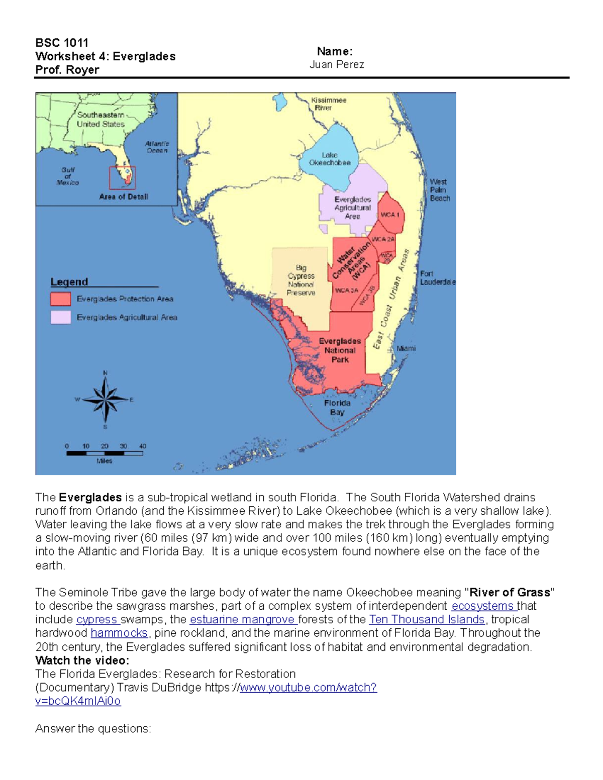 BSC1011 worksheet 4 - Lecture notes - BSC 1011 Worksheet 4: Everglades ...