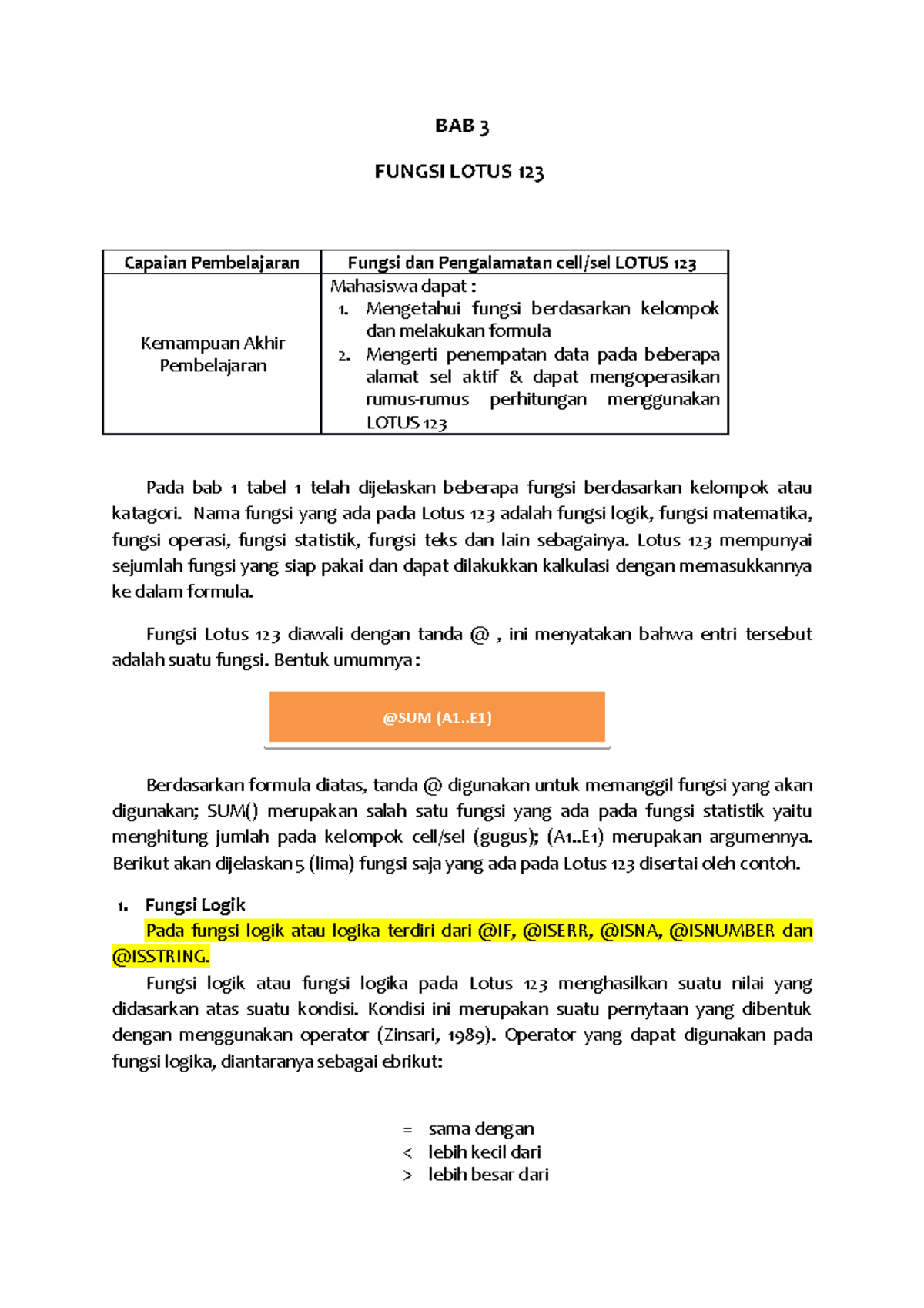 Aplikom - Fungsi Lotus 123 - BAB 3 FUNGSI LOTUS 123 Capaian ...