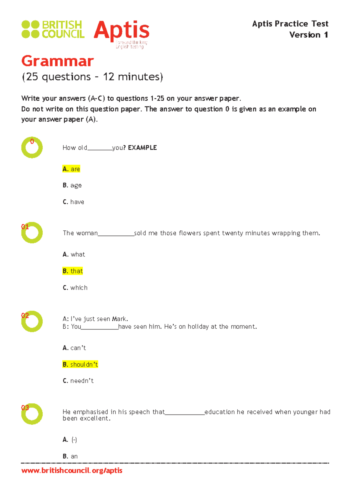 Grammar Aptis VER 1 - Version 1 Grammar (25 questions – 12 minutes ...