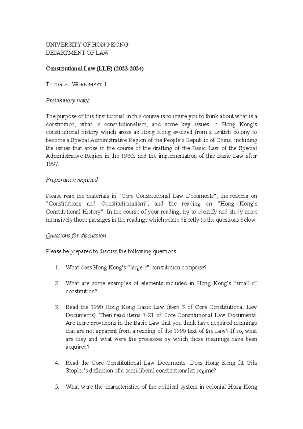 Tutorial 1 questions - UNIVERSITY OF HONG KONG DEPARTMENT OF LAW ...