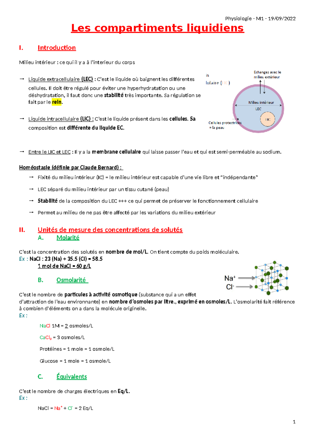 1.a Compartiments liquidiens 1 - Physiologie - M1 - 19/09/ Les ...
