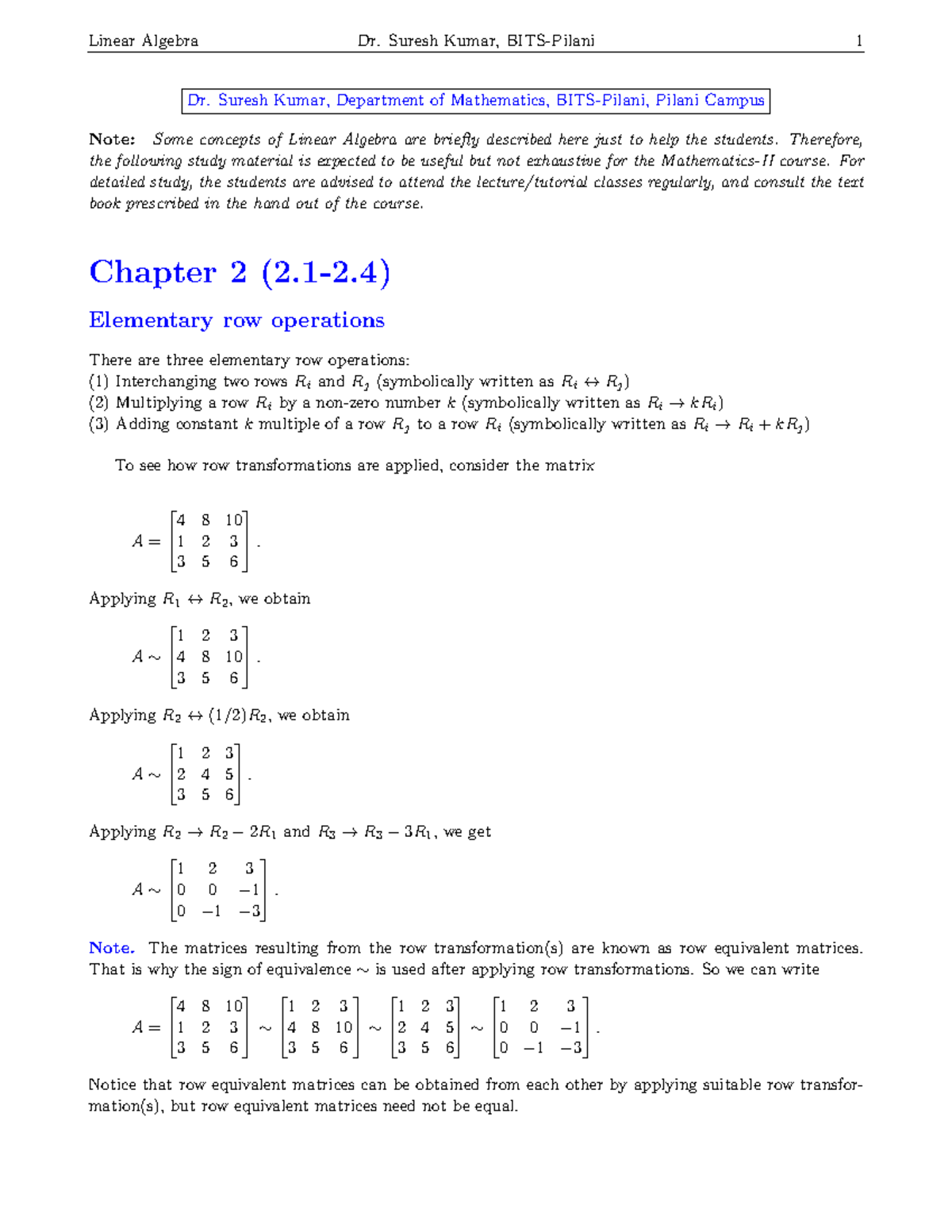 Linear Algebra - Suresh Sir' notes - Dr. Suresh Kumar, Department of ...