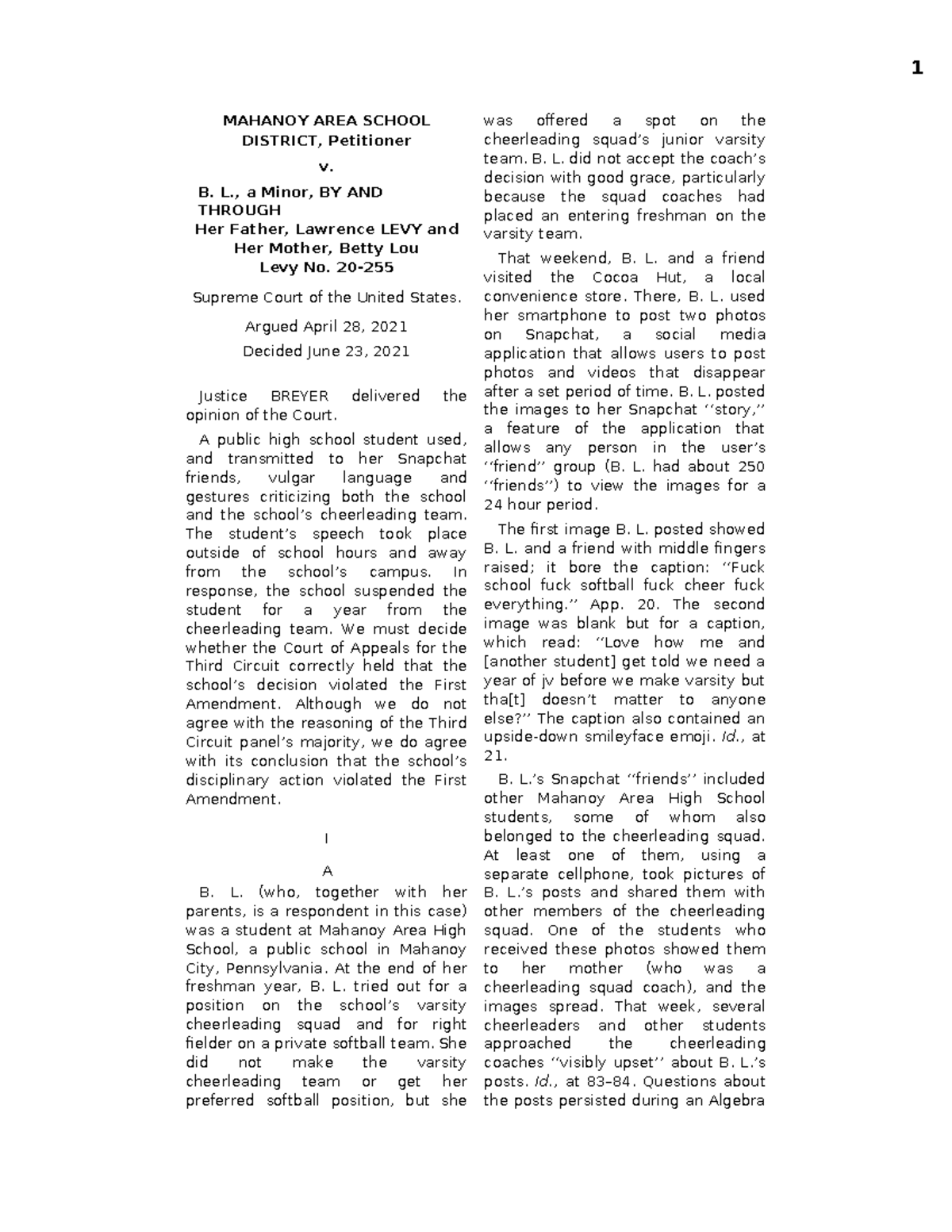 Orientation Case 5 - notes - MAHANOY AREA SCHOOL DISTRICT, Petitioner v ...