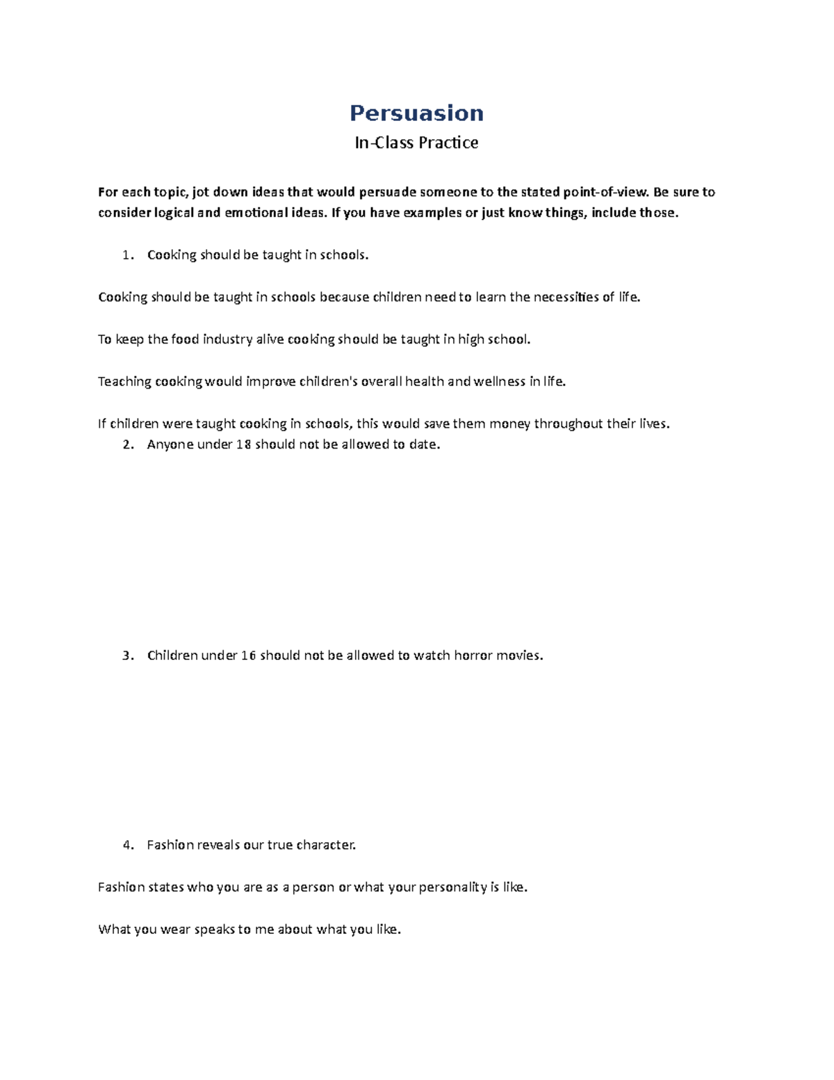 Persuasion WS Chloe Nelson - Persuasion In-Class Practice For each ...