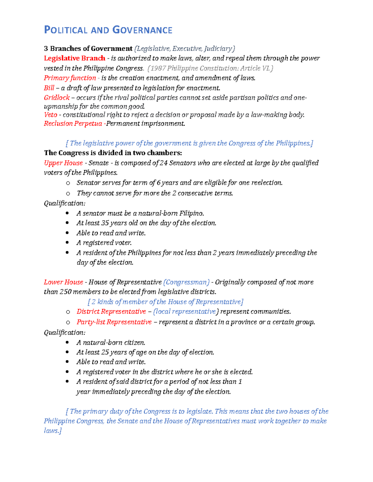 Polgov (finals reviewer) - 3 Branches of Government (Legislative ...