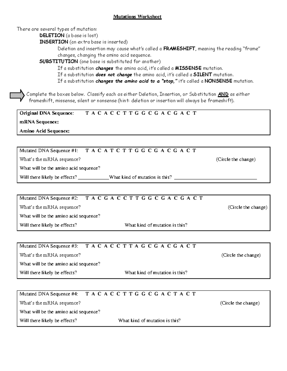 Mutations worksheet - Mutations Worksheet There are several types of ...