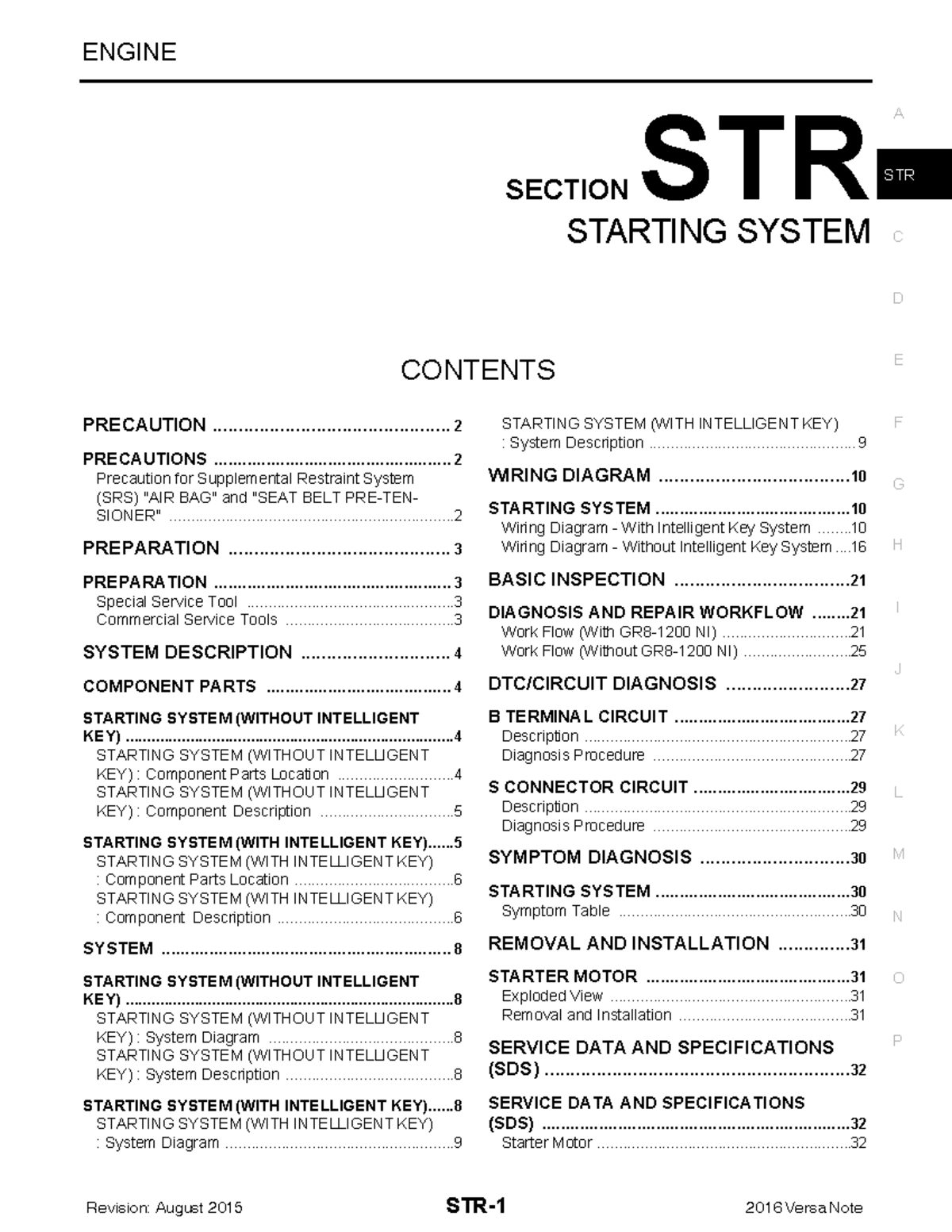 Arranque - ayuda - ENGINE C D E F G H I J K L M SECTION STR A STR N O P CONTENTS PRECAUTION ...