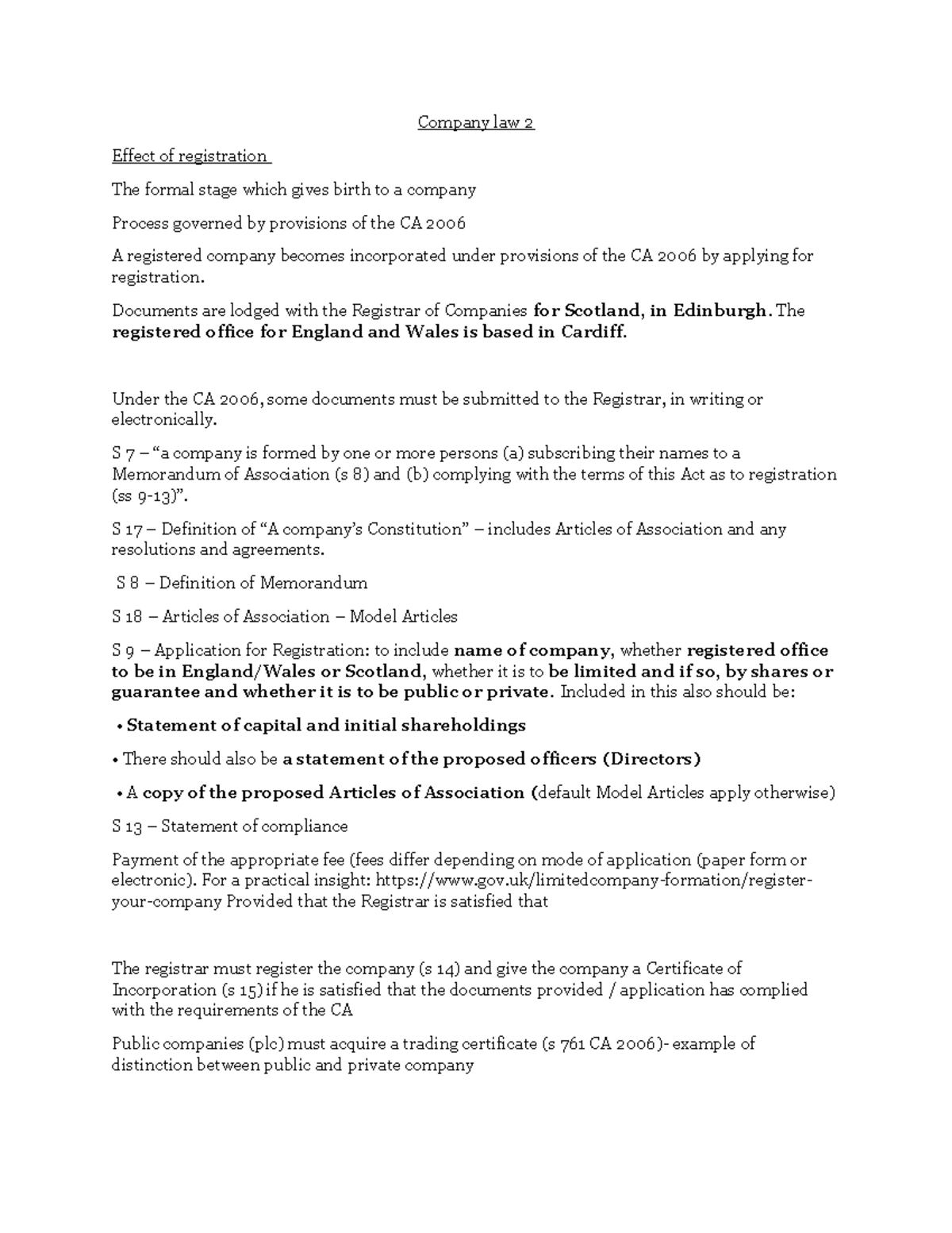 Company law 2 - Documents are lodged with the Registrar of Companies ...