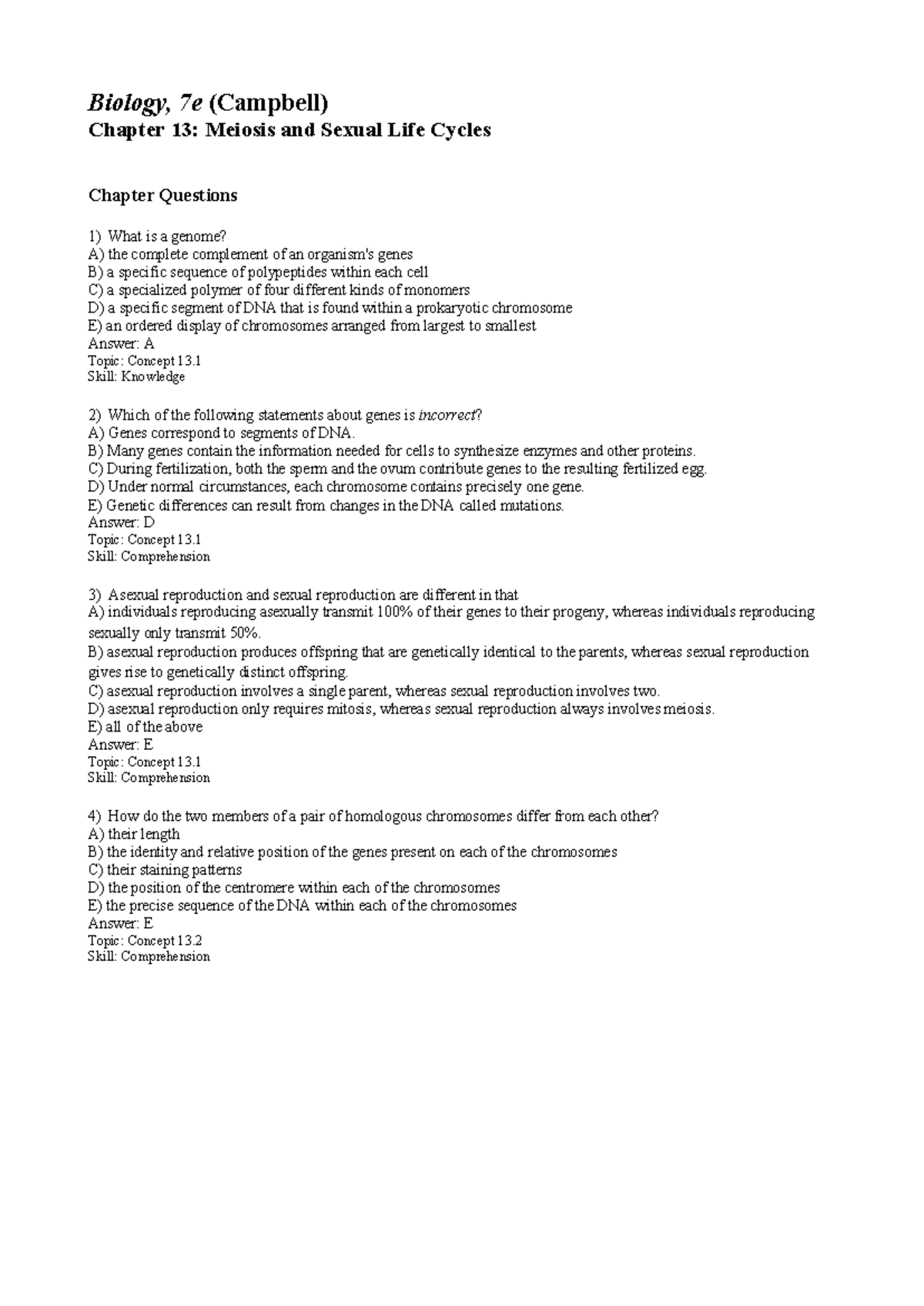 13 TB - 테스트뱅크입니다. - Biology, 7e (Campbell) Chapter 13: Meiosis and ...