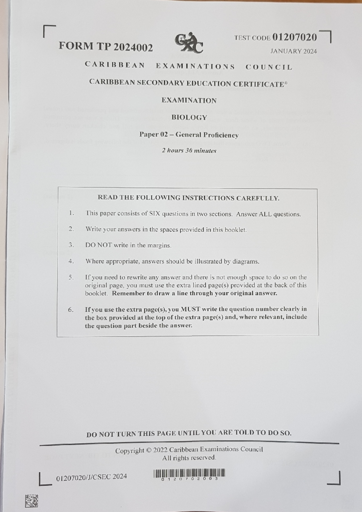 Csec Bio Jan 2024 P2 - Summary Biology - biology - Studocu