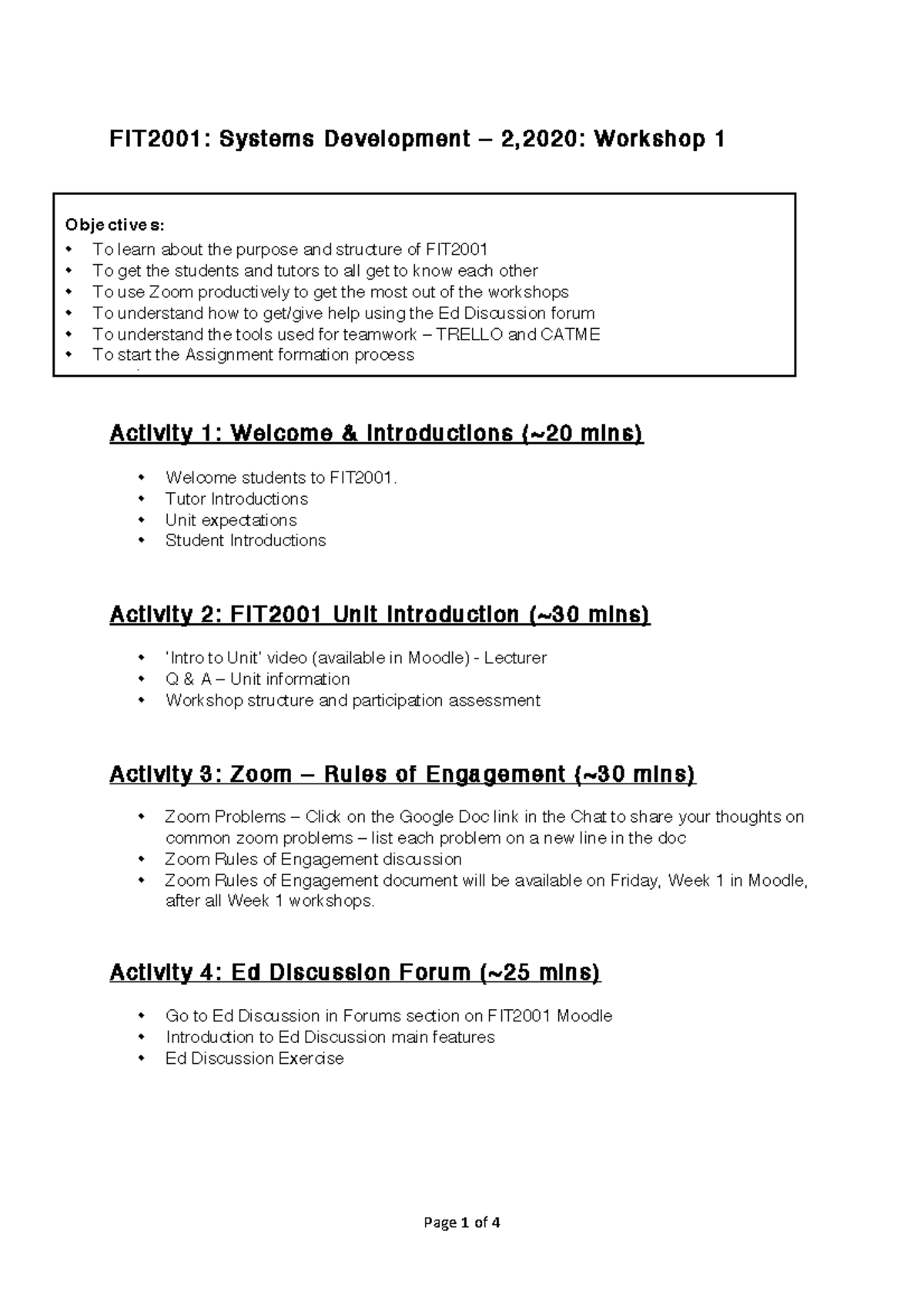 FIT2001 Workshop 1 - FIT2001: Systems Development – 2,2020: Workshop 1 ...