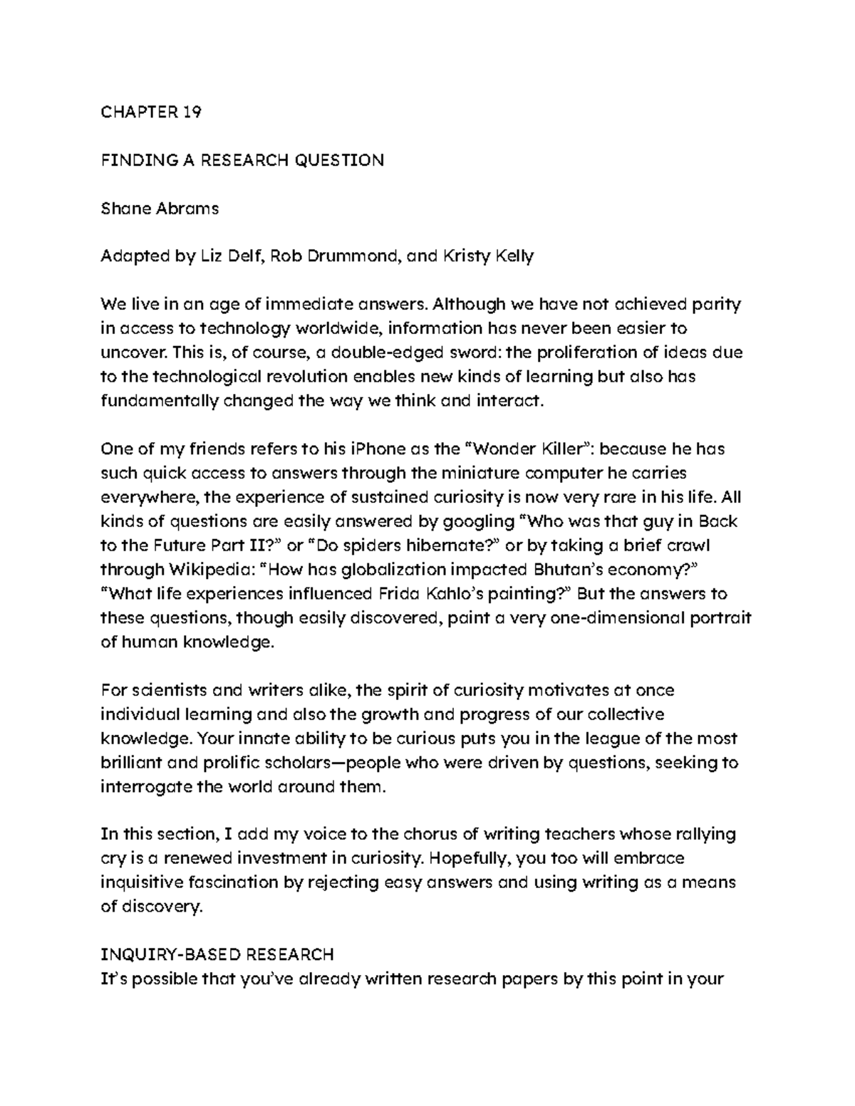 Chapter 19 (ADGA) - CHAPTER 19 FINDING A RESEARCH QUESTION Shane Abrams ...