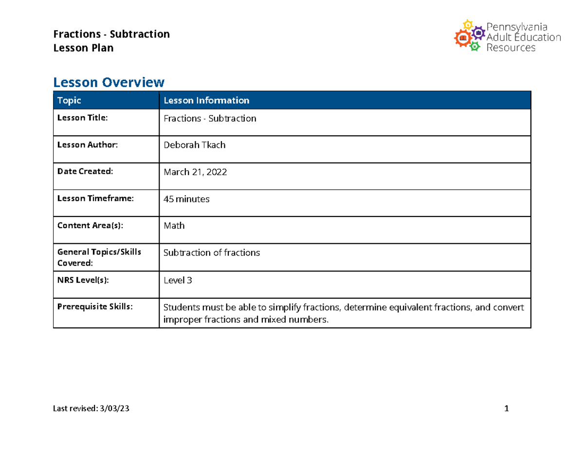 Fractions Subtraction 3 03 23 1 - Lesson Plan Lesson Overview Topic ...