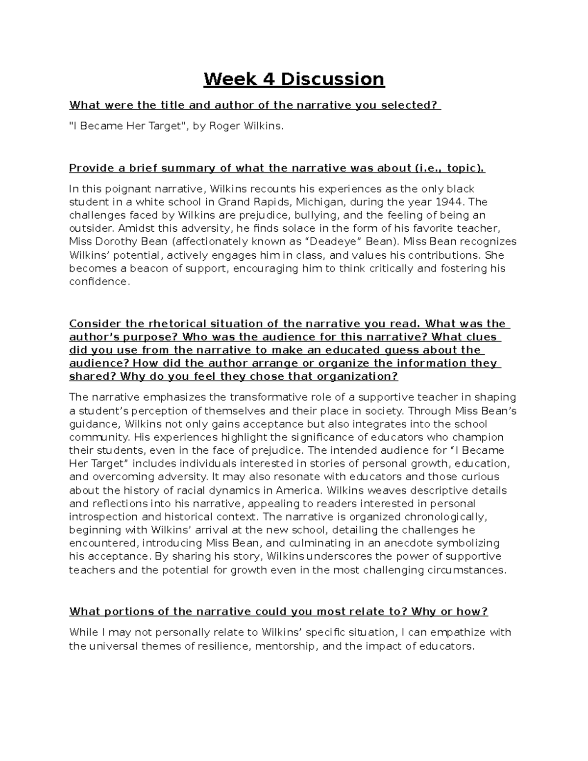 Week 4 discussion eng 110 - Week 4 Discussion What were the title and ...