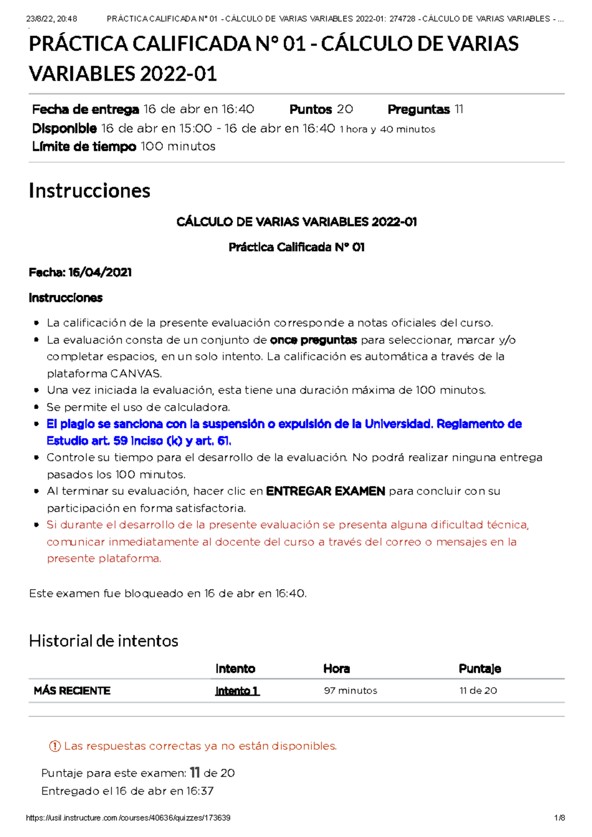 Práctica Calificada N° 01 - Cálculo DE Varias Variables 2022-01 - PRÁCTICA CALIFICADA N° 01 ...