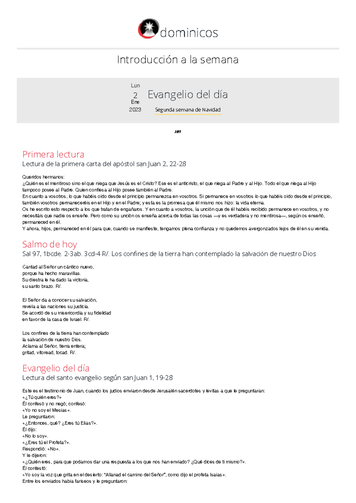2-1-2023 - Evangelios - dominicos Introducción a la semana ####### Lun ...