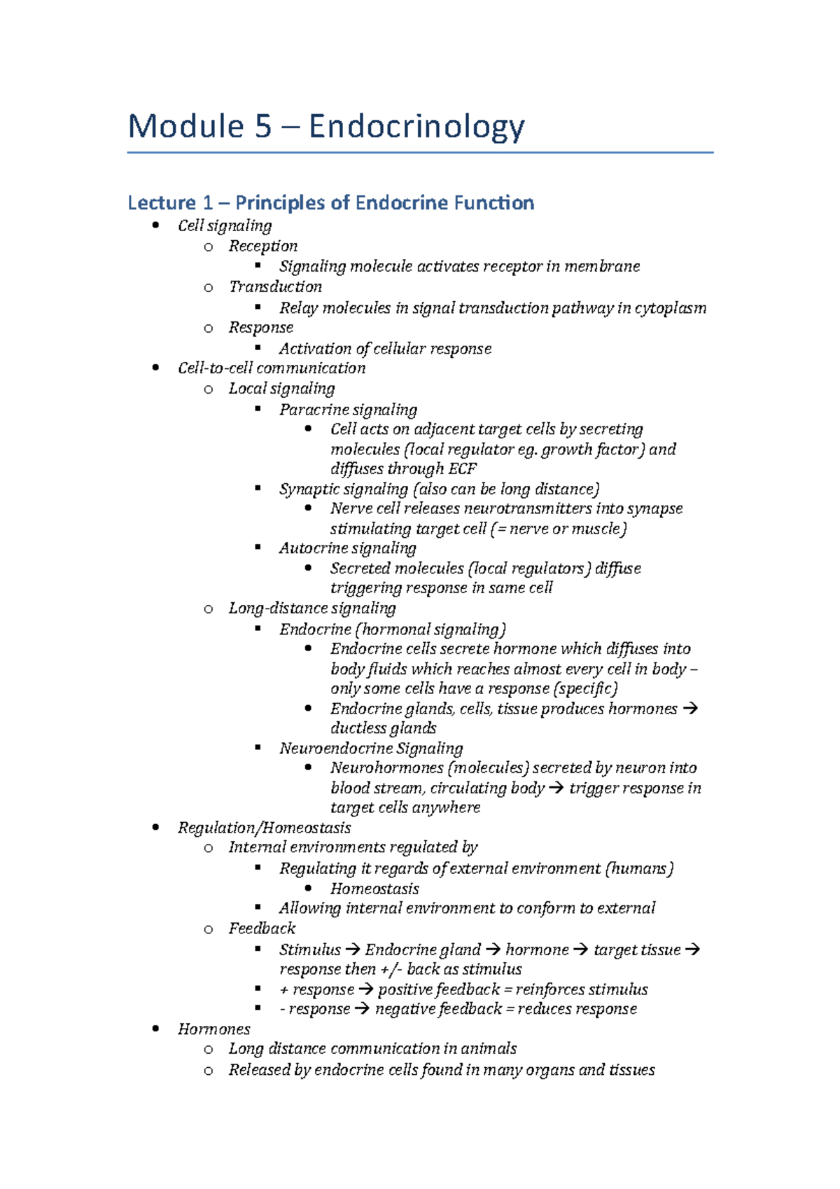 Lecture Notes, Lecture Module 5: Endocrinology - Module 5 Endocrinology ...