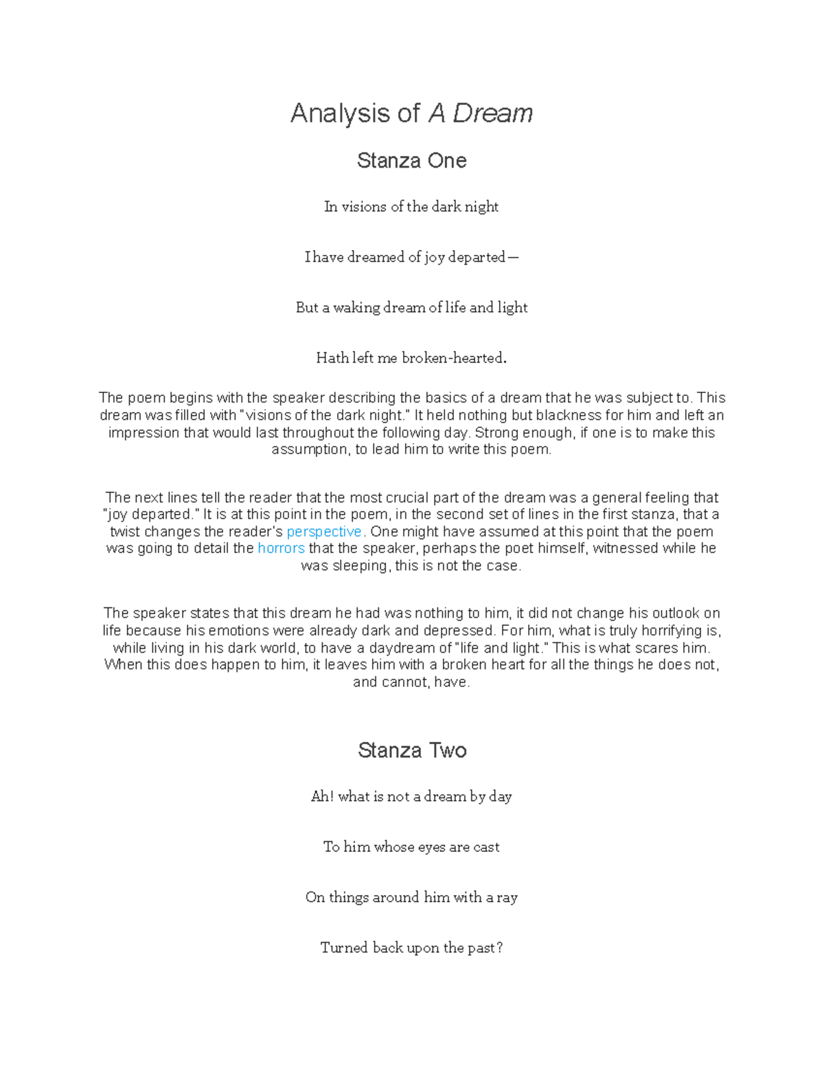 LIT Midterm - Analysis of A Dream Stanza One In visions of the dark ...