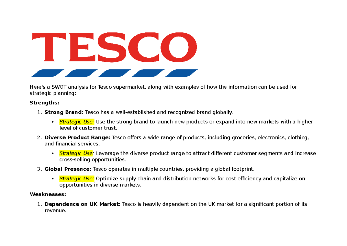 Marketing revision - Here's a SWOT analysis for Tesco supermarket ...