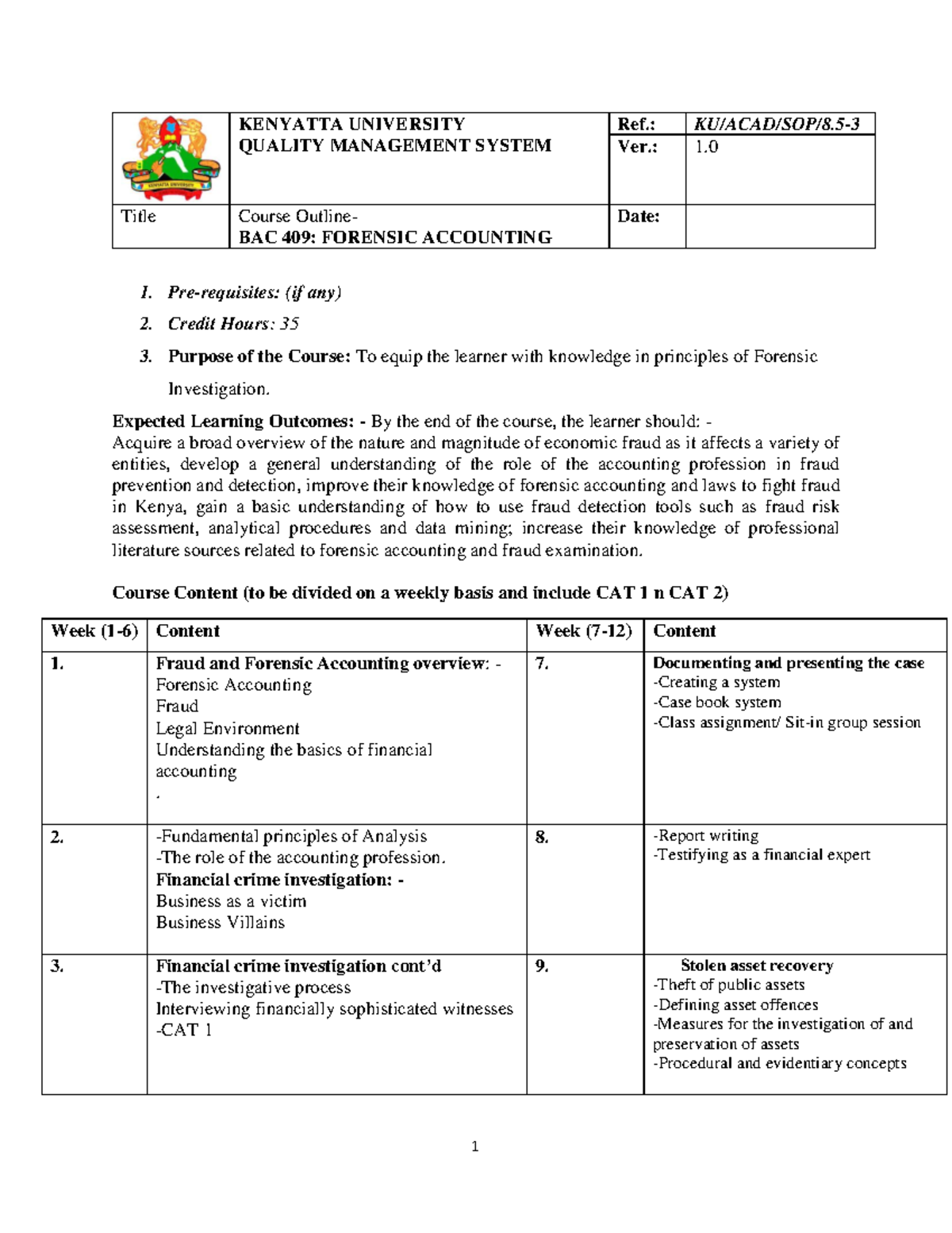 CUE BAC 409 Course Outline - 1 KENYATTA UNIVERSITY QUALITY MANAGEMENT ...