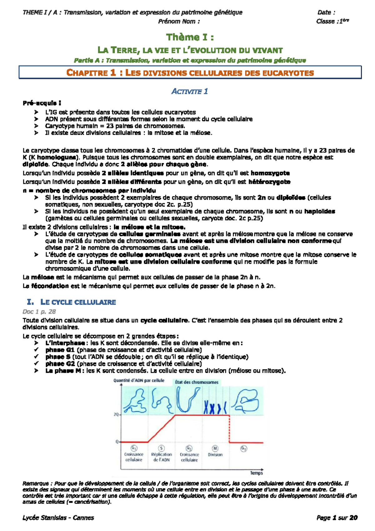 Cours T1A C1 1ere SVT - ... - THEME Transmission, variation et expression du patrimoine ...