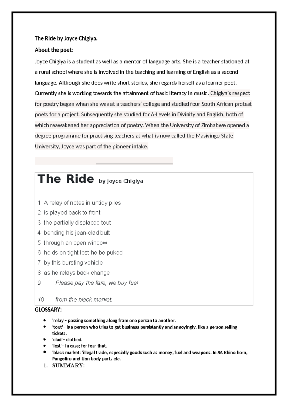 The Ride by Joyce Chigiya - About the poet: Joyce Chigiya is a student ...