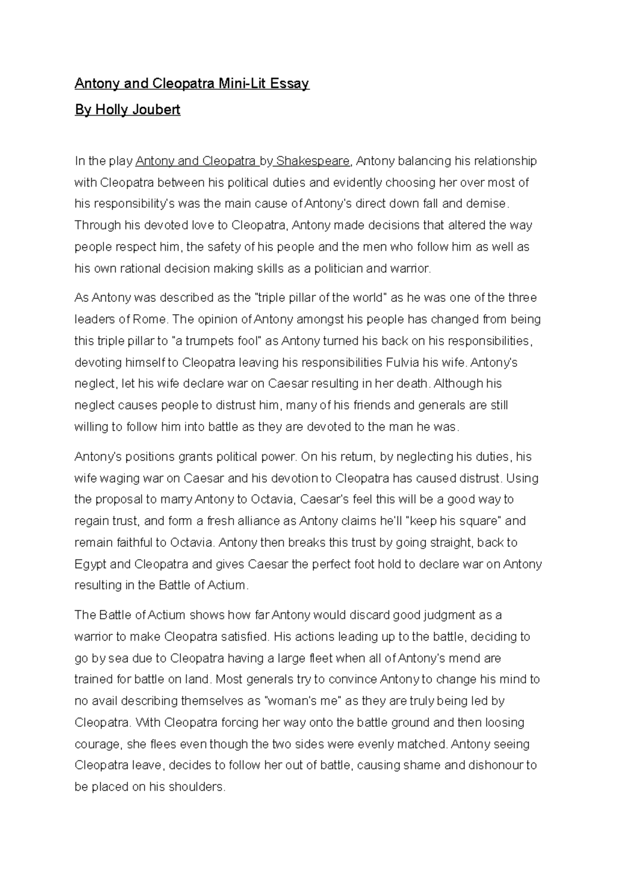 Antony and Cleopatra mini lit Essay - Antony and Cleopatra Mini-Lit ...