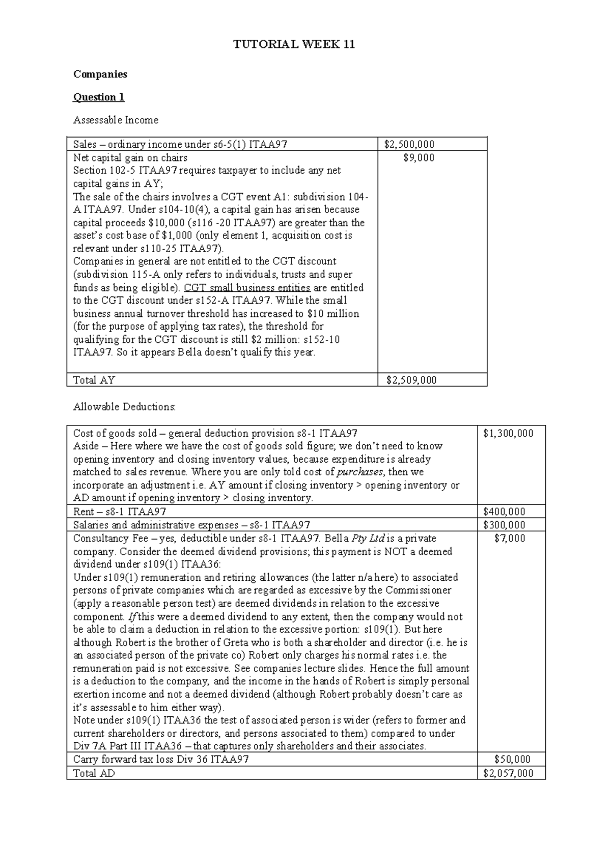 Tutorial 10 Week 11 - Solution - Companies Question 1 Assessable Income ...