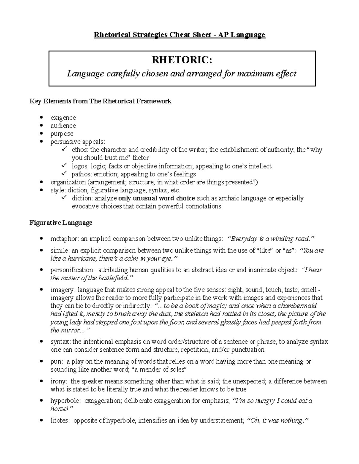 Rhetorical Strategies Cheat Sheet - diction: analyze only unusual word ...