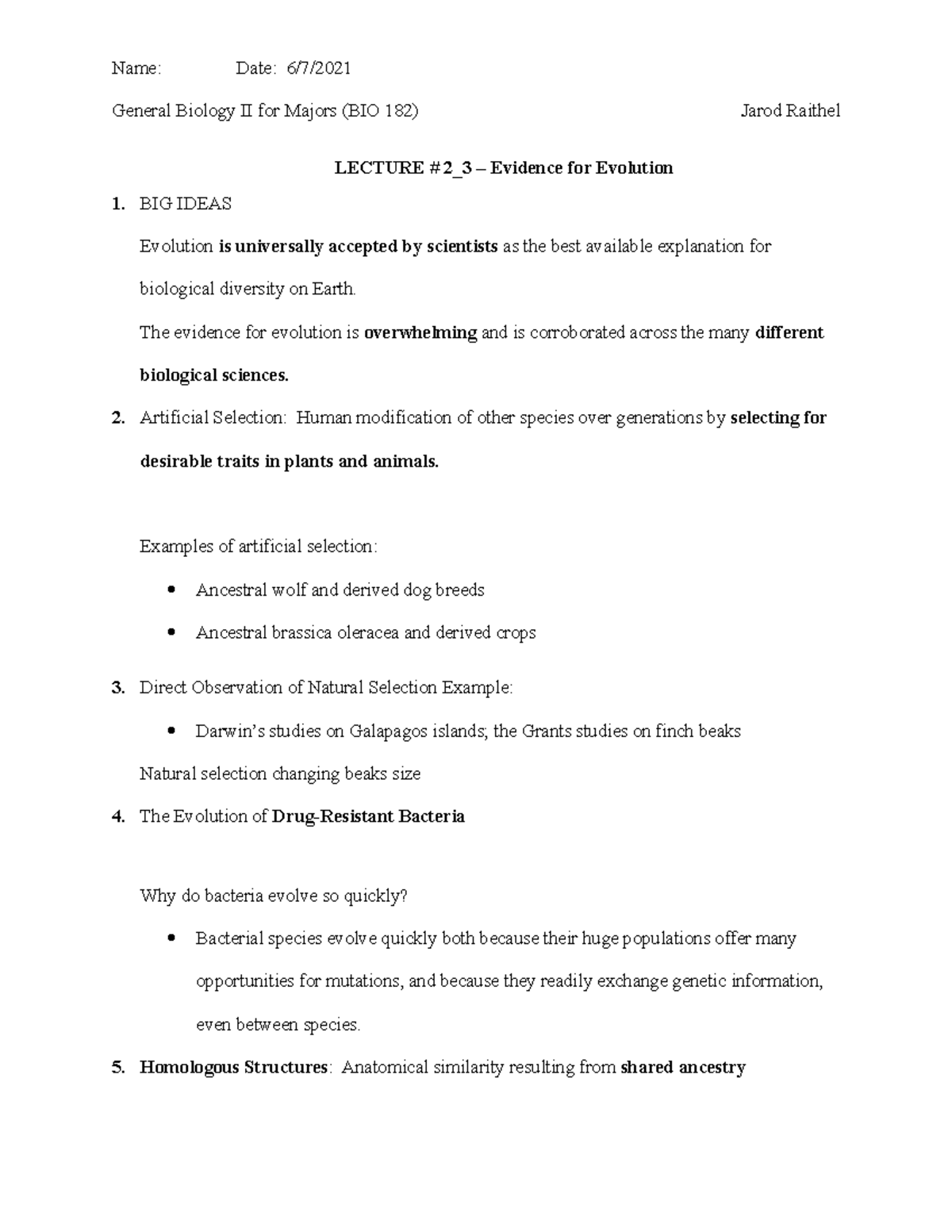 Guided Notes 2 3 Evidence for Evolution - Name: Date: 6/7/ General ...