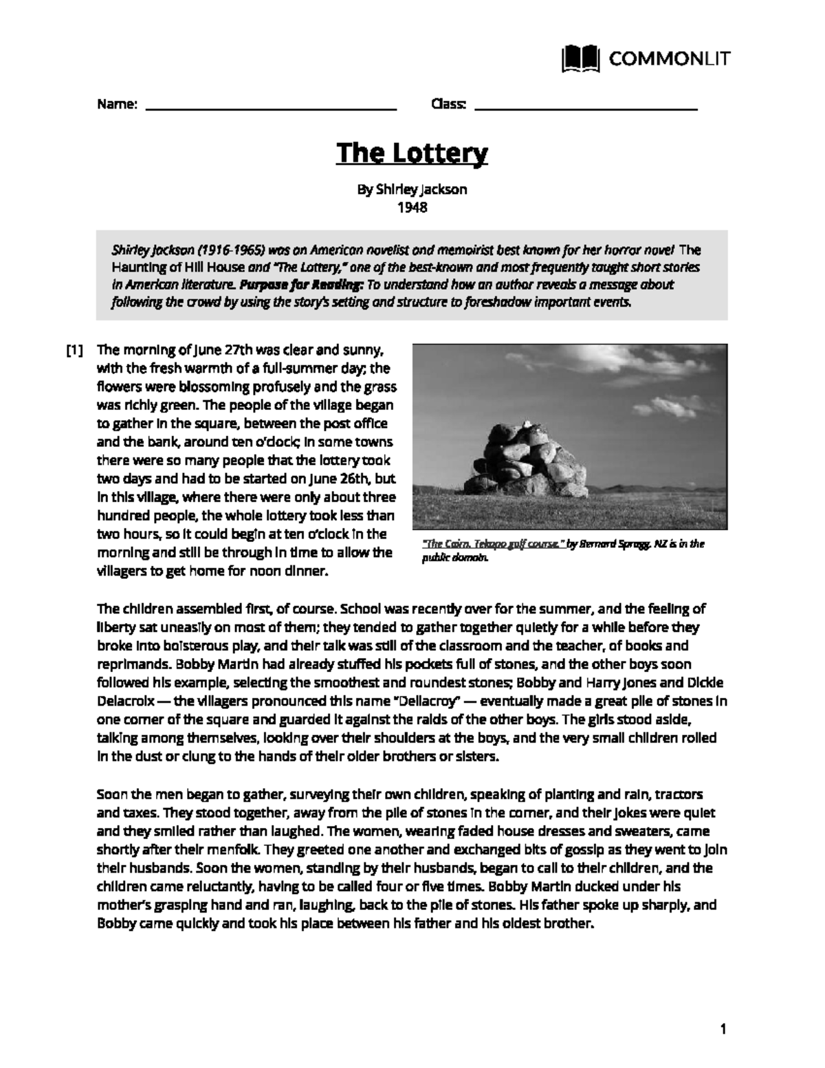 The+Lottery - Reading - COMMONLIT Name: Class: The Lottery Shirley ...