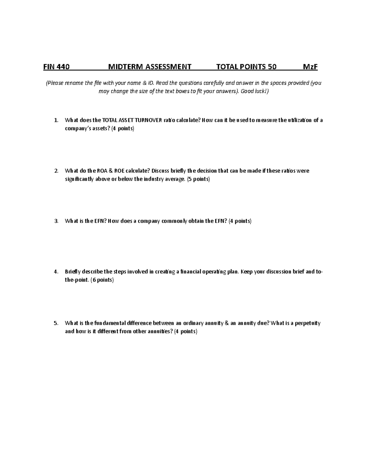 Fin 440 Midterm Assessment - FIN 440 MIDTERM ASSESSMENT TOTAL POINTS 50 ...