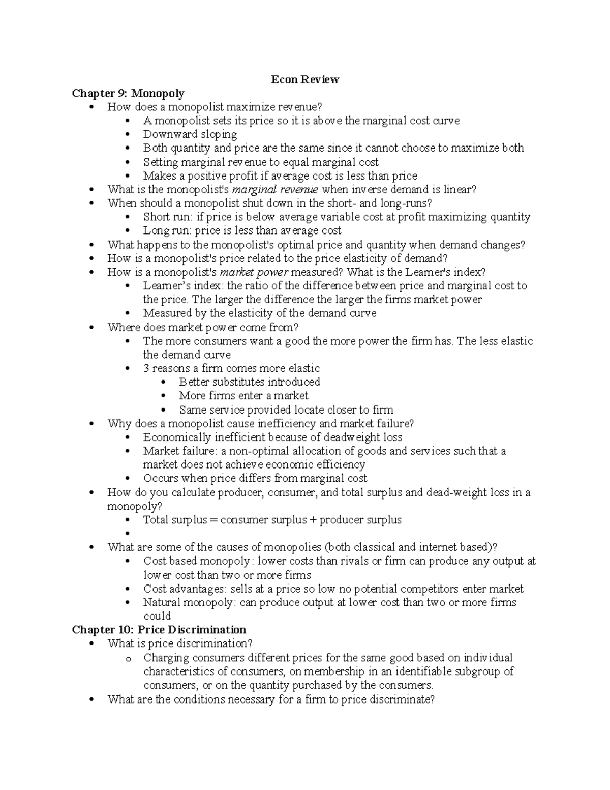 Econ Review - summary - Econ Review Chapter 9: Monopoly How does a ...