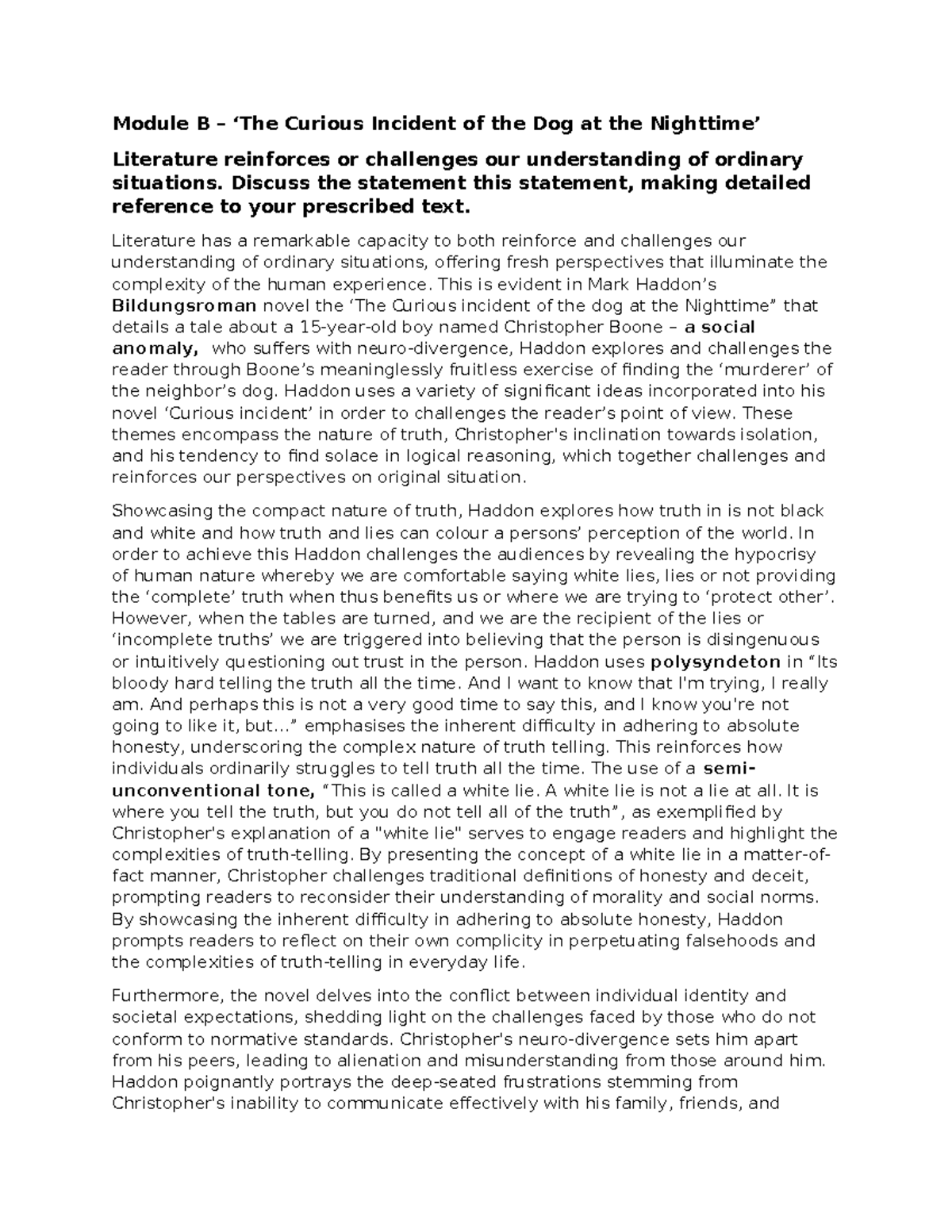 Module B - the curious incident of dog at night time - Module B – ‘The ...