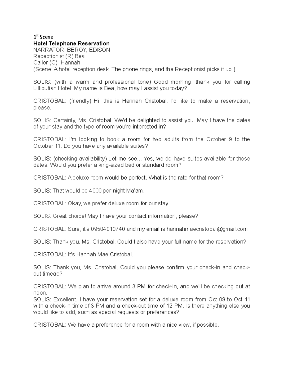 Script - wala - 1 st Scene Hotel Telephone Reservation NARRATOR: BEROY ...